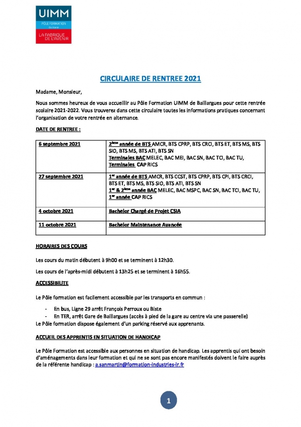 CIRCULAIRE DE RENTREE 2021 | Pôle Formation UIMM Occitanie